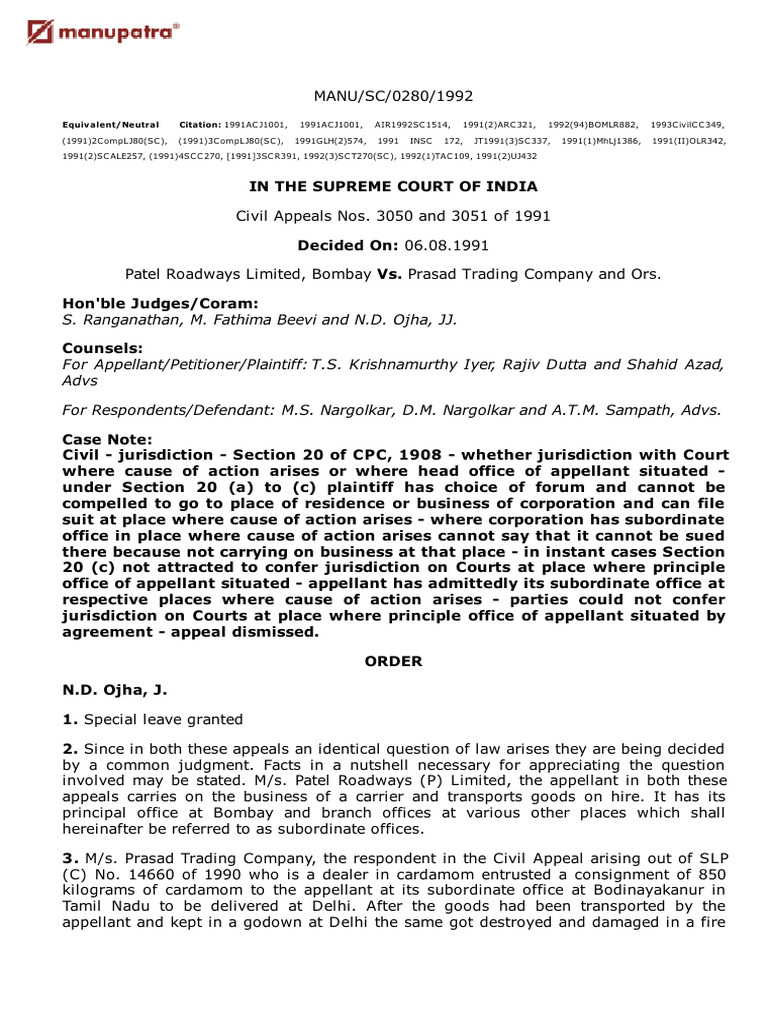 Patel Roadways vs. Prasad Trading Co. Case | PDF | Lawsuit | Jurisdiction