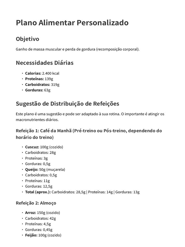 Plano Alimentar Personalizado | PDF | Refeição | Alimentos
