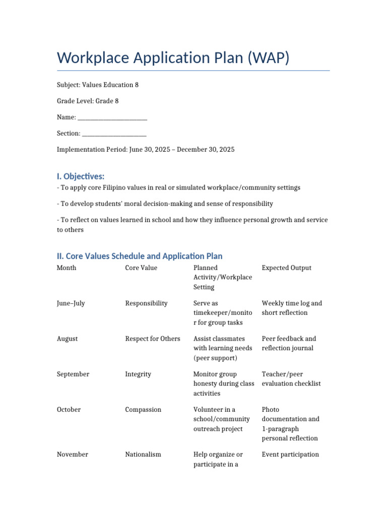 Workplace Application Plan for Values Ed. | PDF | Cognition | Learning
