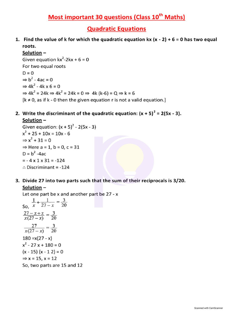 QUADRATIC EQUATIONS Questions For Practice | PDF