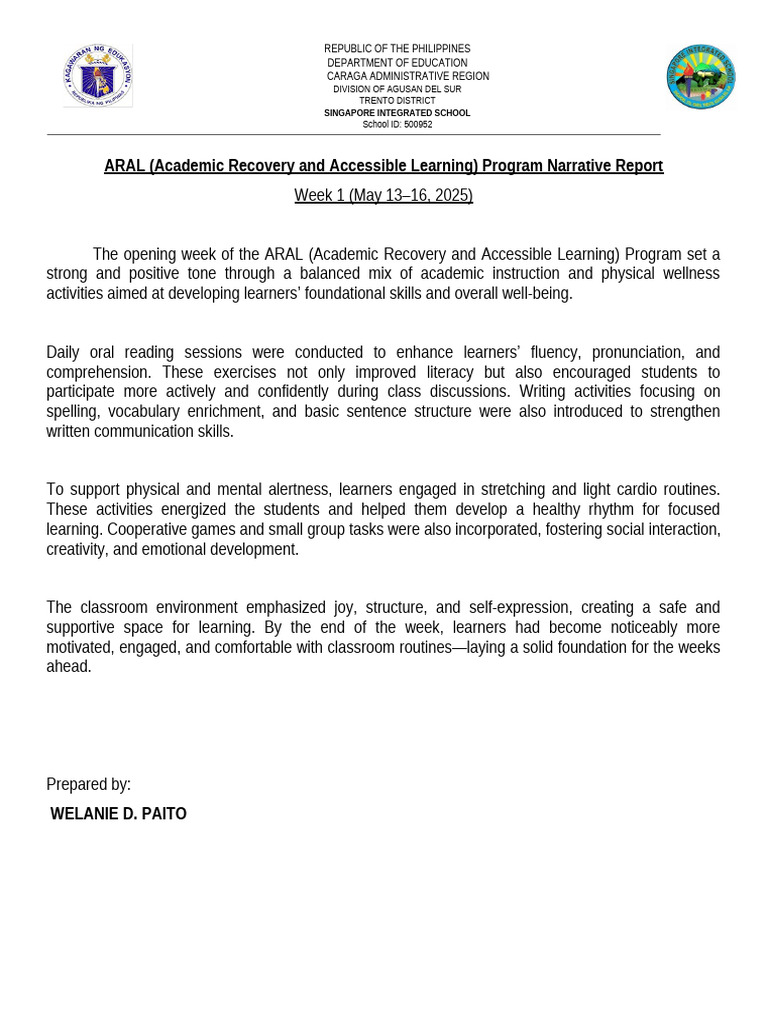 ARAL Program Week 1-4 Narrative Report | PDF | Learning | Reading ...