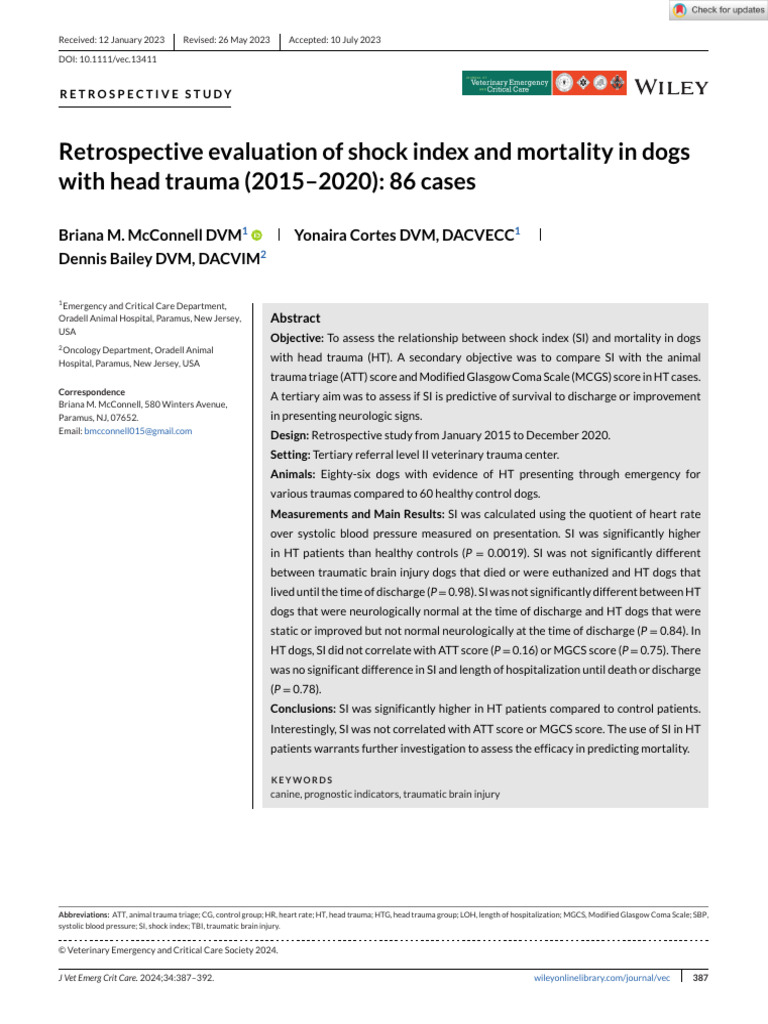 Retrospective Evaluation of Shock Index and Mortality in Dogs With Head ...