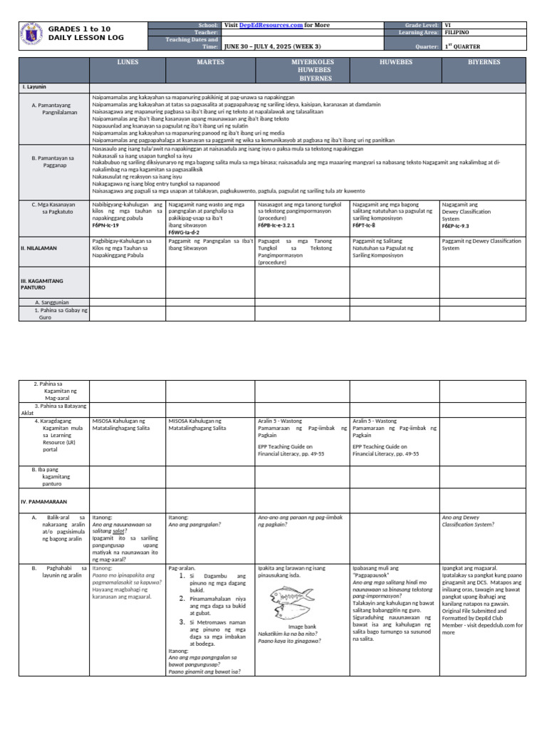 Dll Filipino 6 q1 w3 | PDF