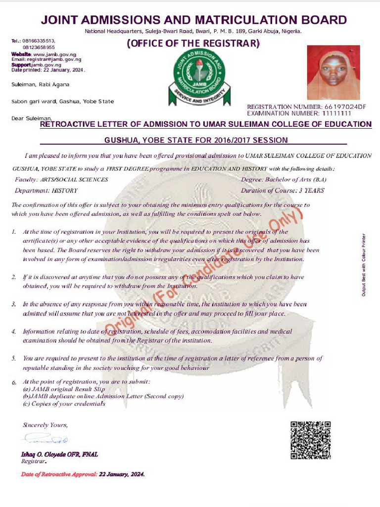 Jamb Regularization Letter Original. | PDF
