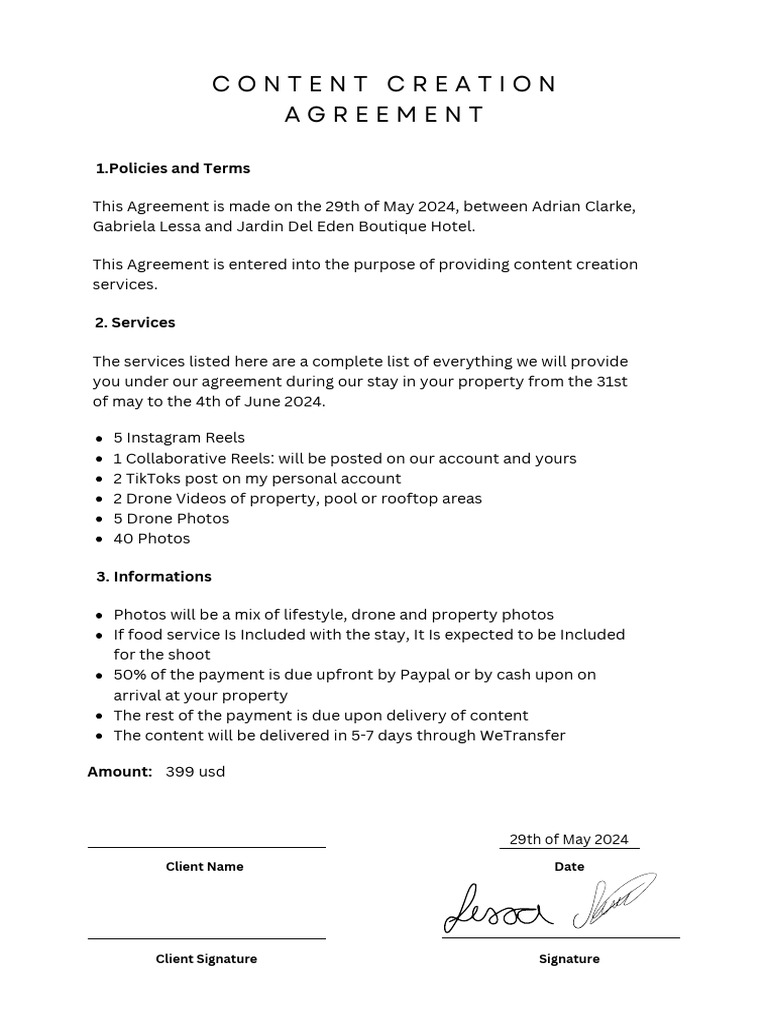 Content Creation Agreement for Hotel | PDF