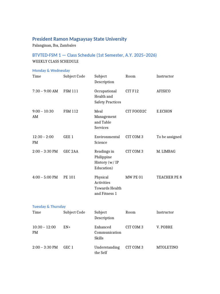 BTVTED-FSM1 Class Schedule | PDF