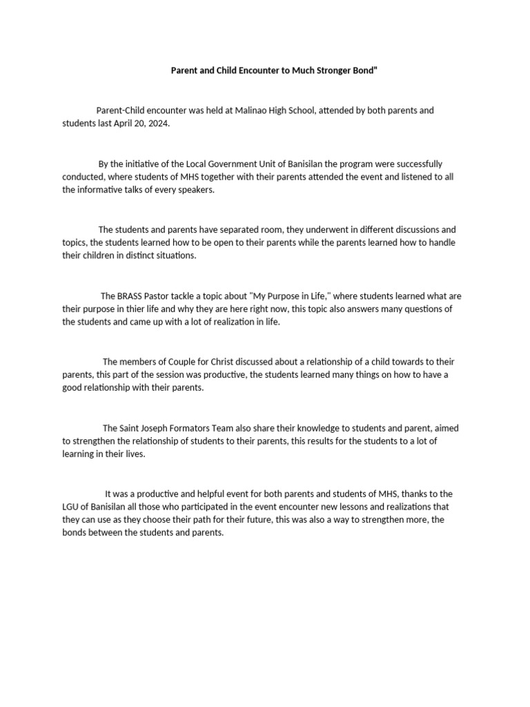 For Checking - Parent and Child Encounter To Much Stronger Bond | PDF