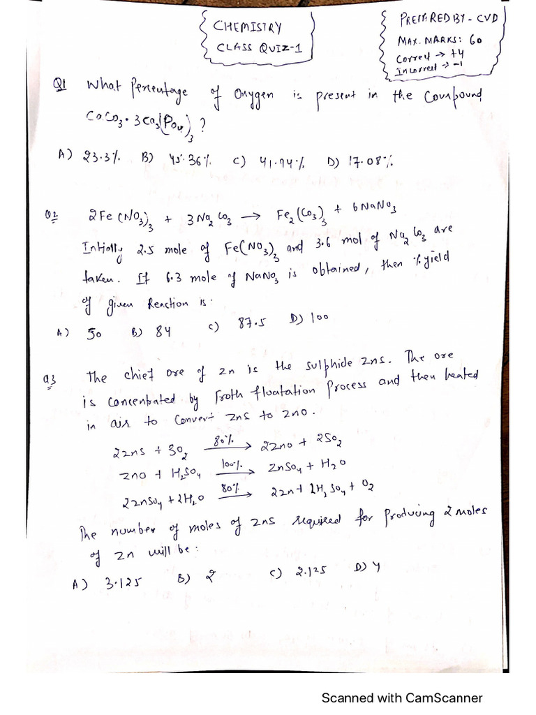 Stoichiometry Class Quiz-1 | PDF