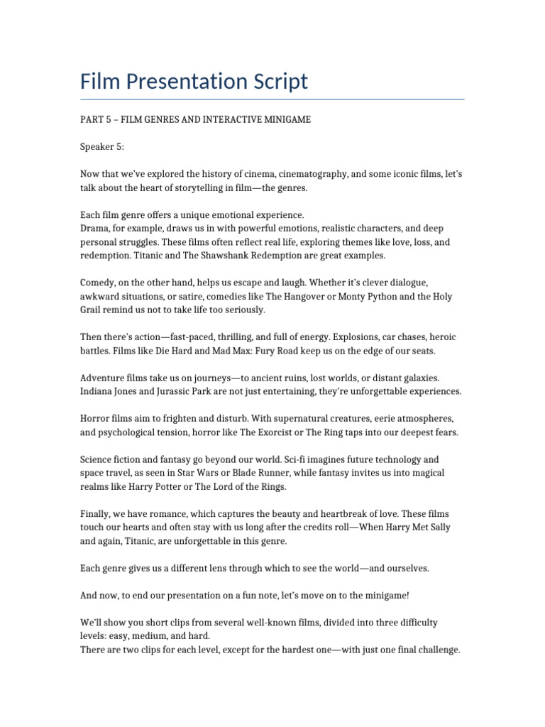 Film Presentation Script | PDF