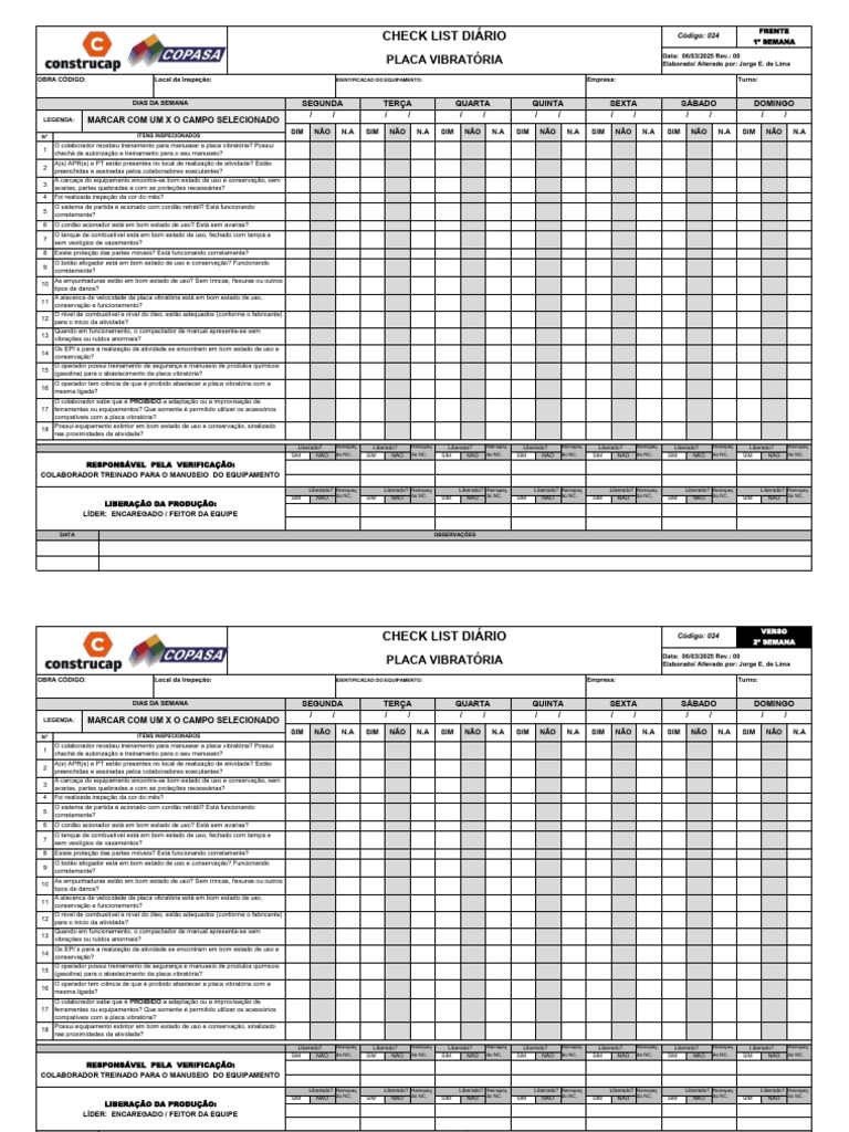 Modelo de Check List Placa Vibratória | PDF
