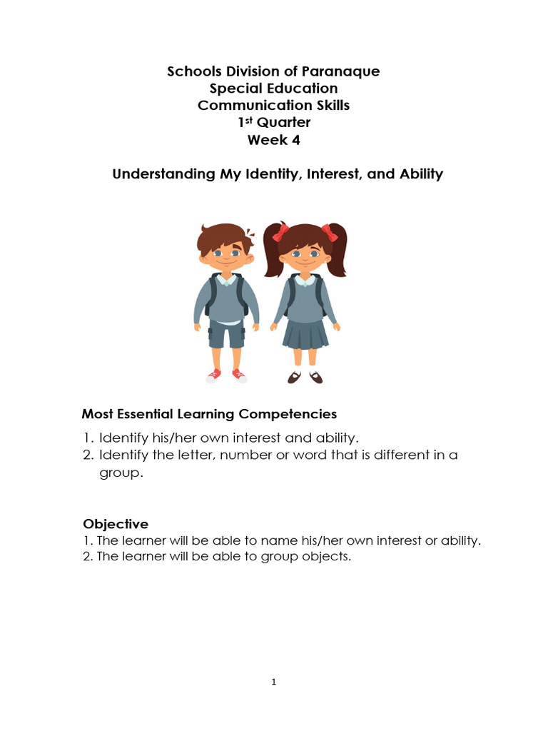 Communication Skills - SPED - ID - Quarter1 - Worksheet 4 - Week 4 | PDF