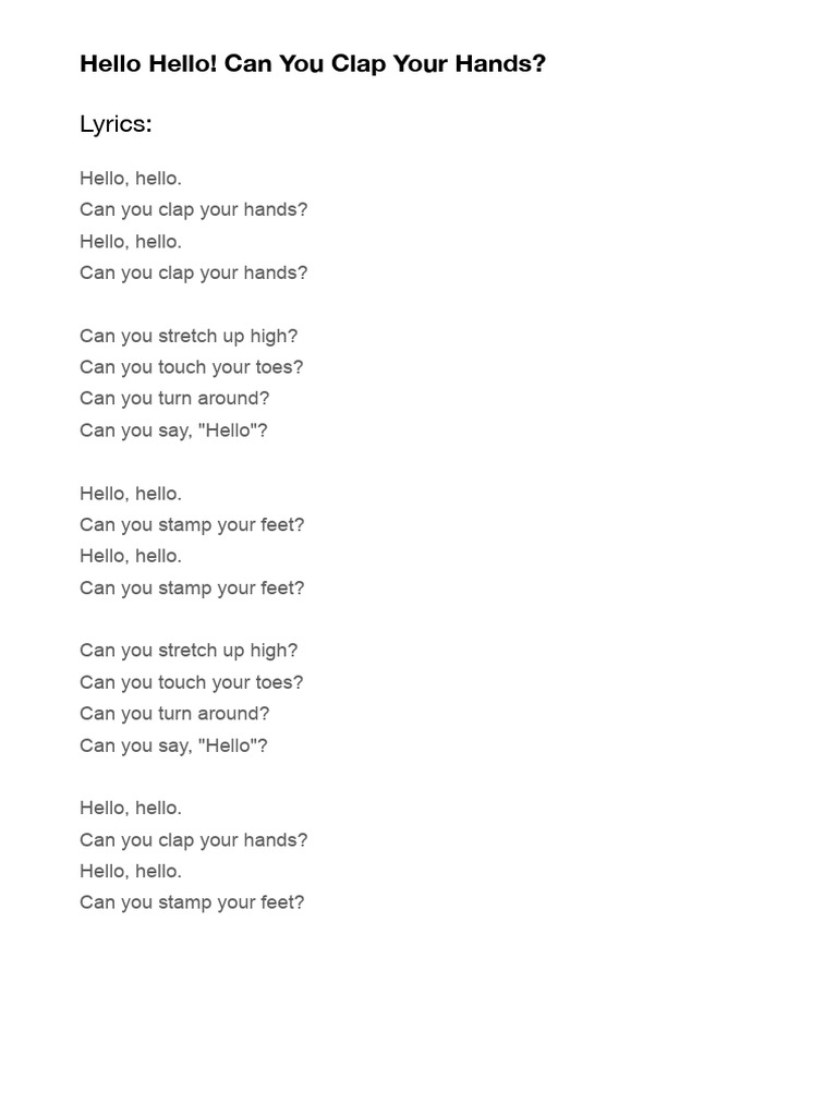 Hello Hello! Clap Your Hands Lyrics | PDF