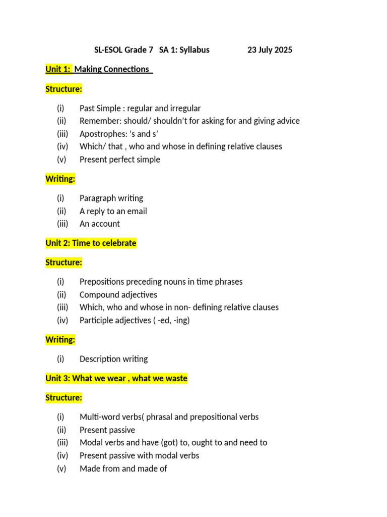 Grade 7 SA - 1 Syllabus | PDF