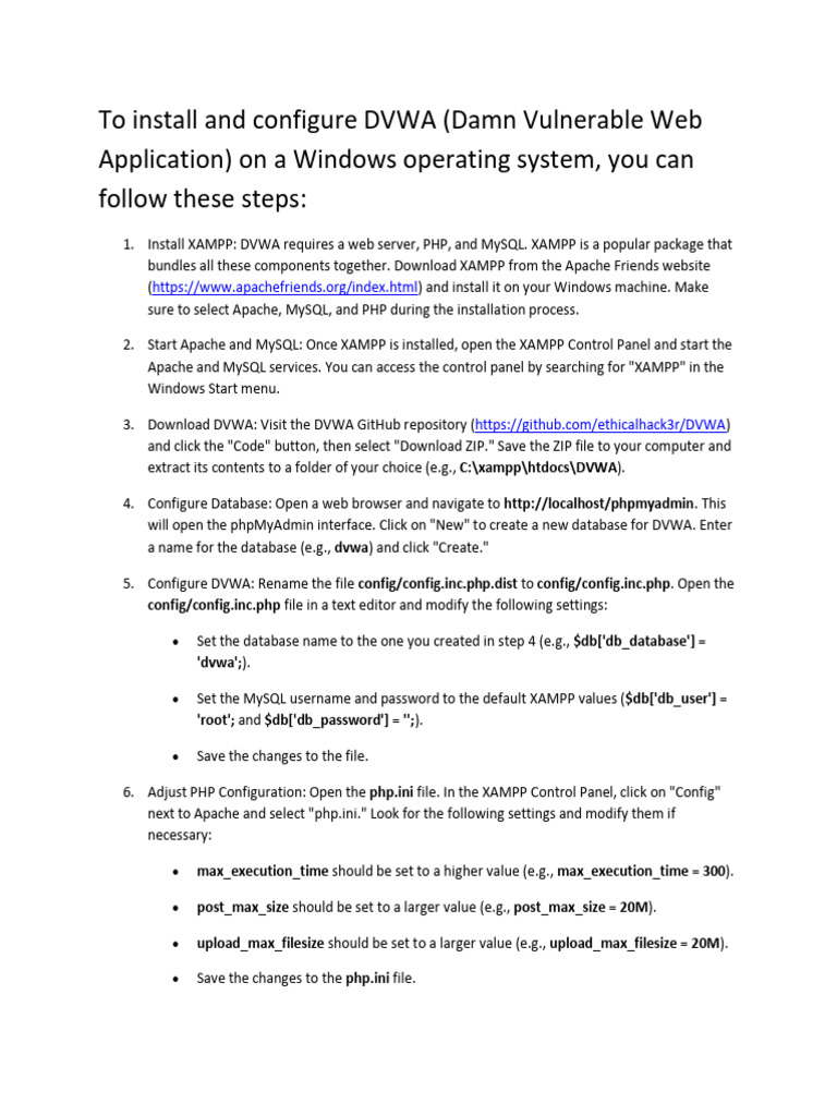 Guide To Install and Configure DVWA Win, Linux, Mac | PDF | Sudo | My Sql
