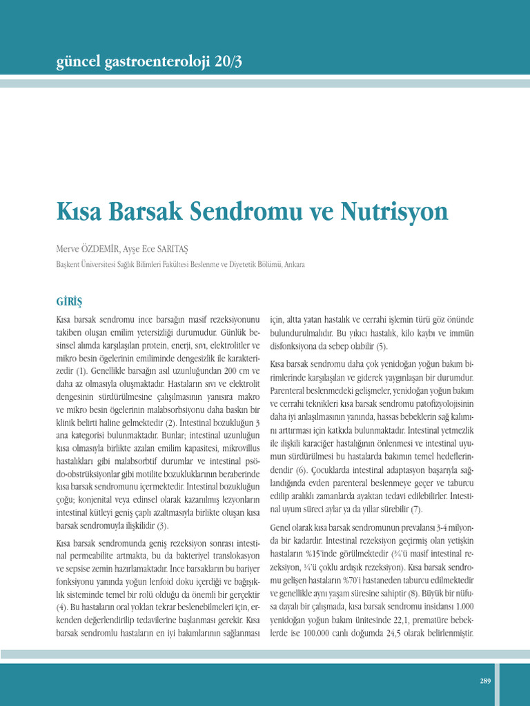 Kısa Barsak Sendromu Ve Nutrisyon: Güncel Gastroenteroloji 20/3 | PDF