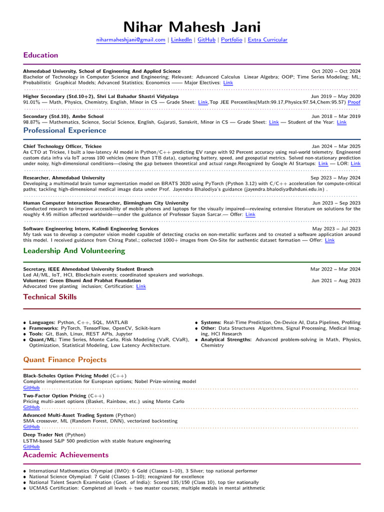 Nihar Mahesh Jani's Professional Profile | PDF | Mathematics ...