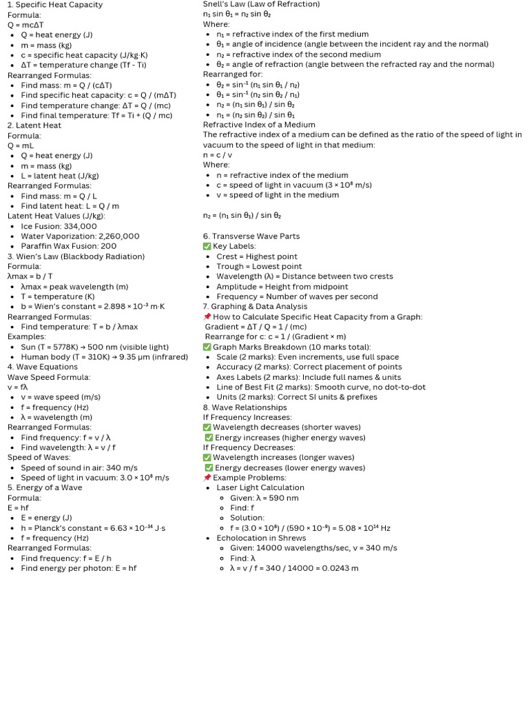 Specific Heat Capacity and Formulas | PDF | Wavelength | Frequency
