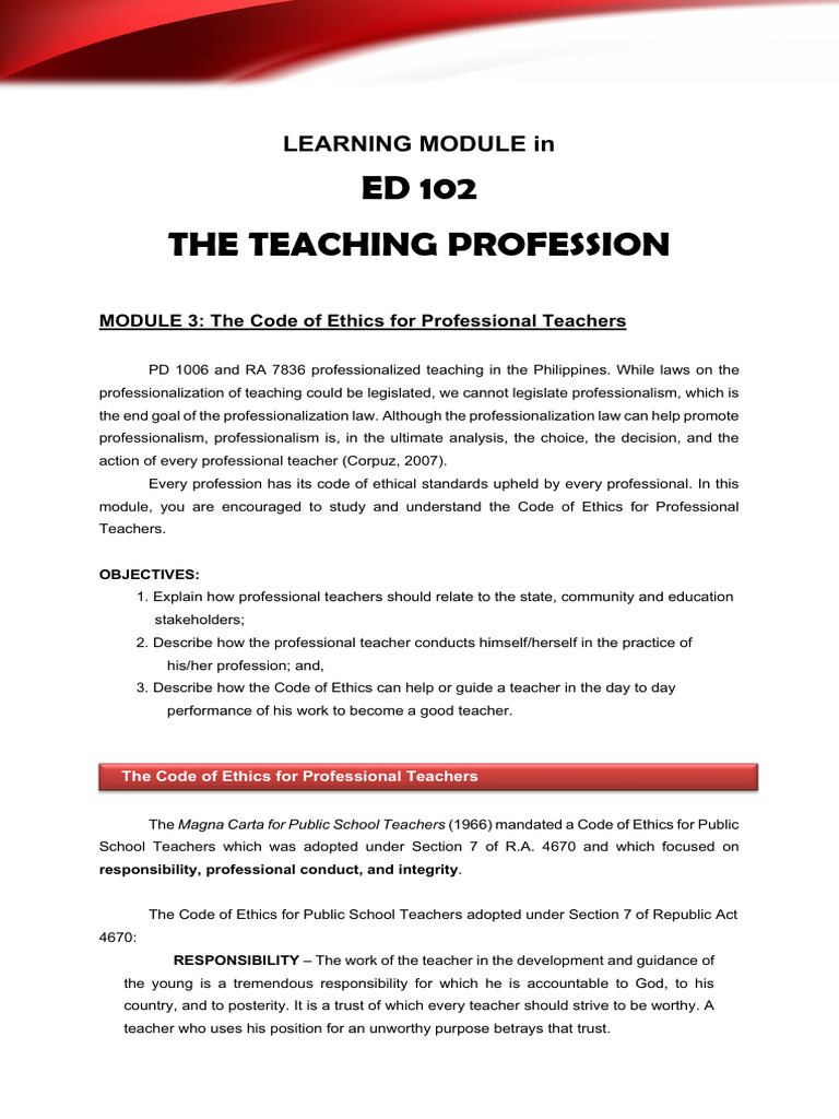 Lesson 3 Code of Ethics For Professional Teachers | PDF | Teachers | Profession