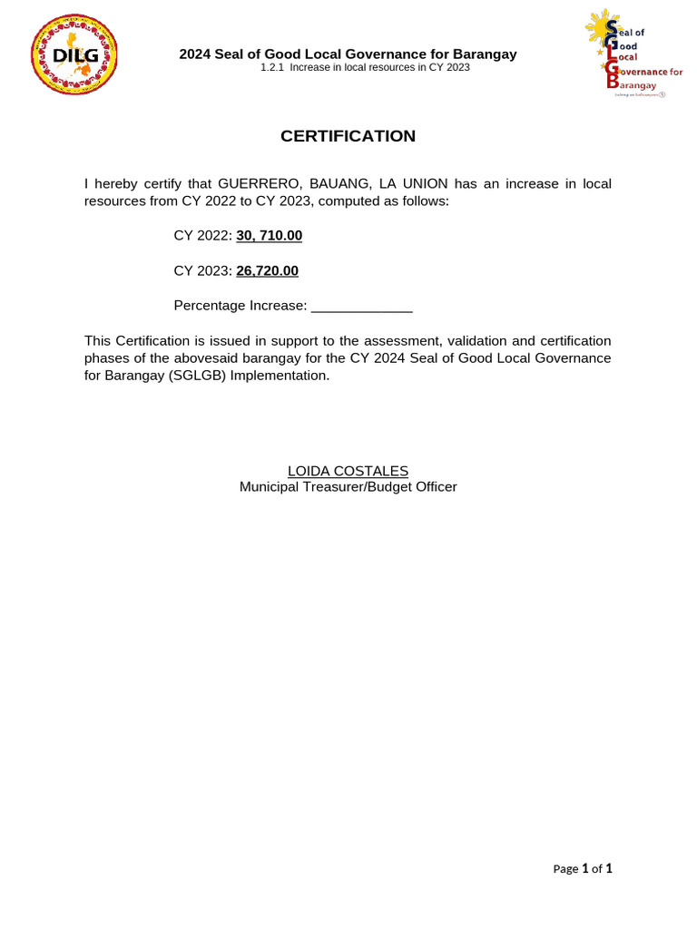 2024 SGLGB Certification for Guerrero Barangay | PDF