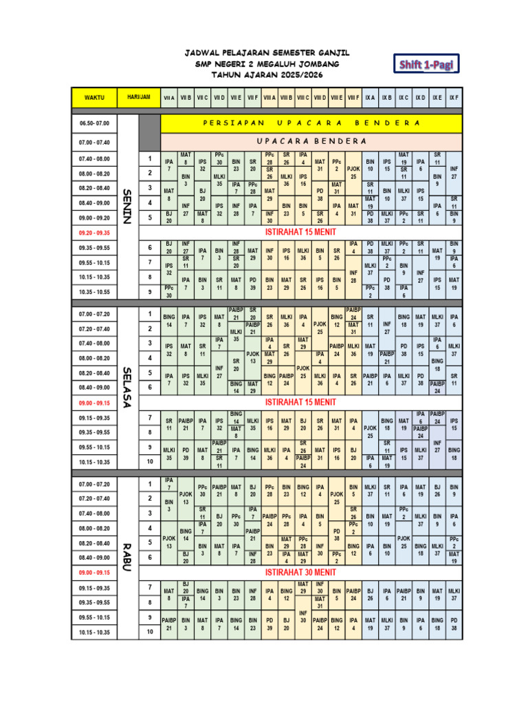 Jadwal Ganjil - 5 Hari - 2025-2026 - Shift Pagi | PDF