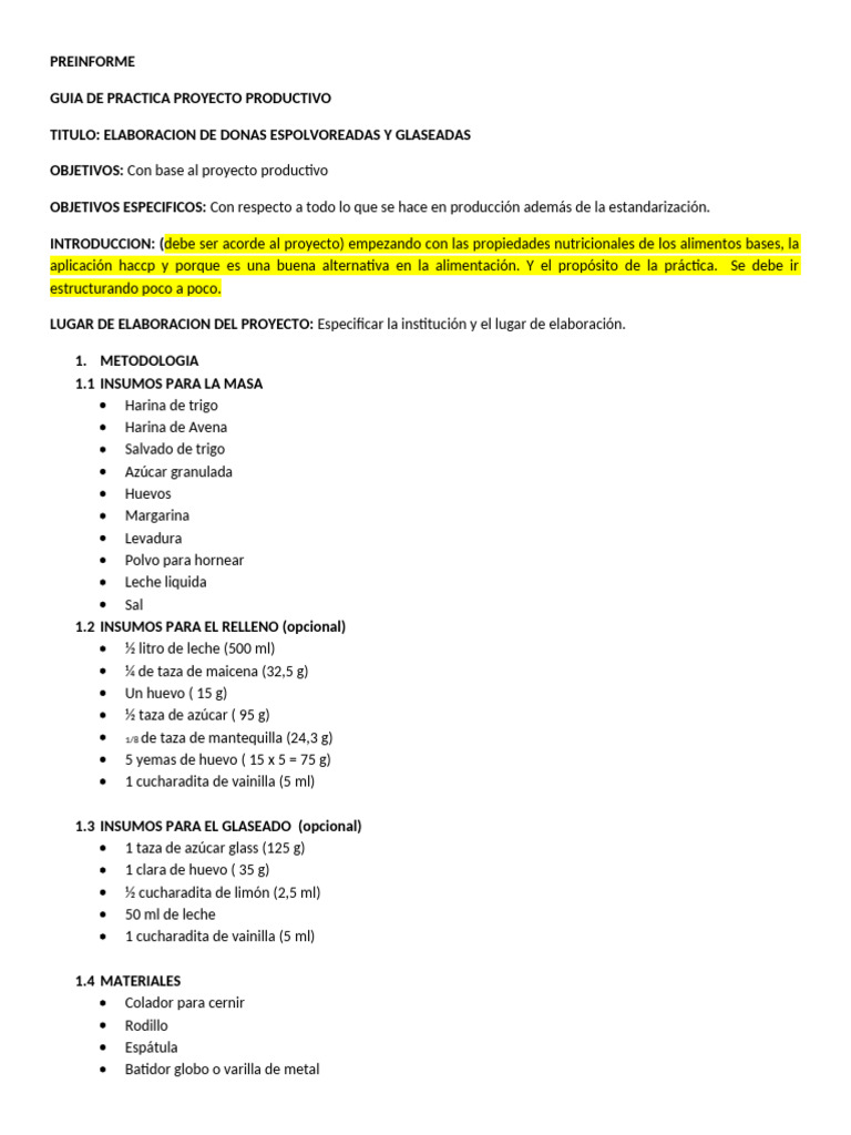 Preinforme Elaboracion de Dona Rellena Formulacion Modificada | PDF ...