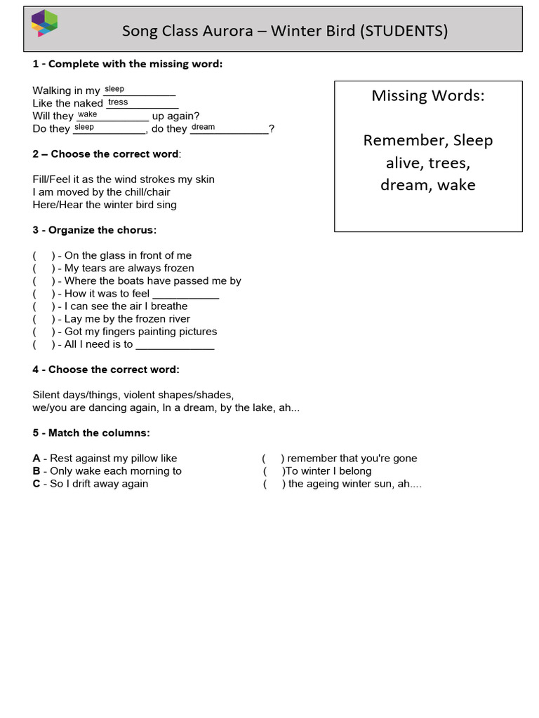 Song Class - Aurora - Winter Bird (STUDENTS Worksheet) | PDF
