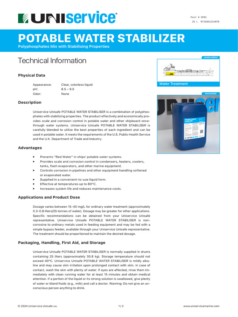 Uniservice Unisafe GF01 Potable Water Stabiliser TechInfo | PDF | Water ...