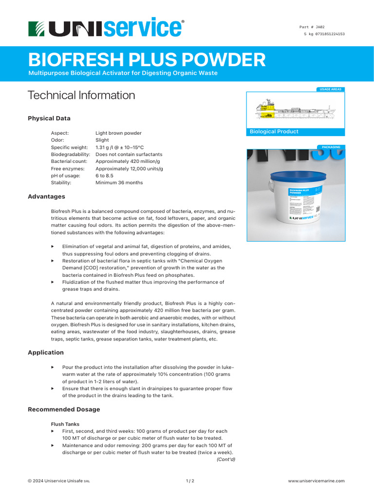 Uniservice Unisafe JA02 Biofresh Plus Powder TechInfo | PDF | Bacteria ...