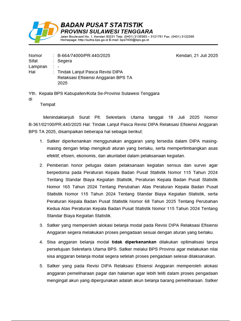 B-664 Tindak Lanjut Pasca Revisi DIPA | PDF