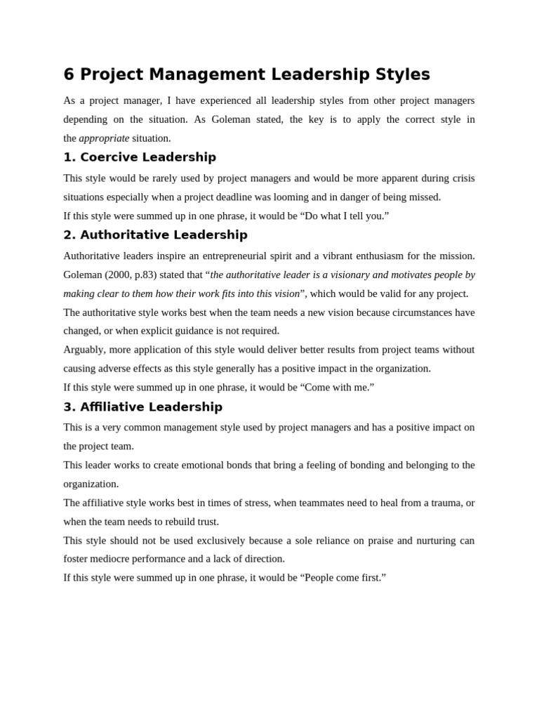 6 Project Management Leadership Styles | PDF | Leadership | Behavioural Sciences