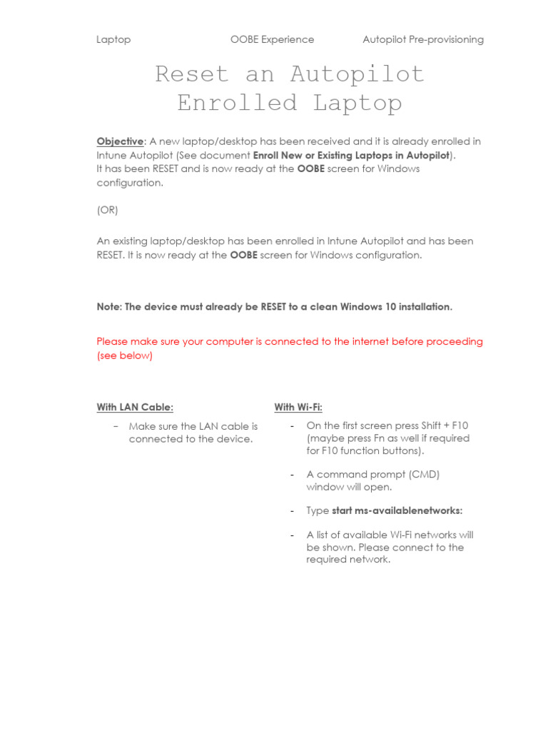 Autopilot Reset Guide for Intune Laptops | PDF | Windows 10 | Laptop