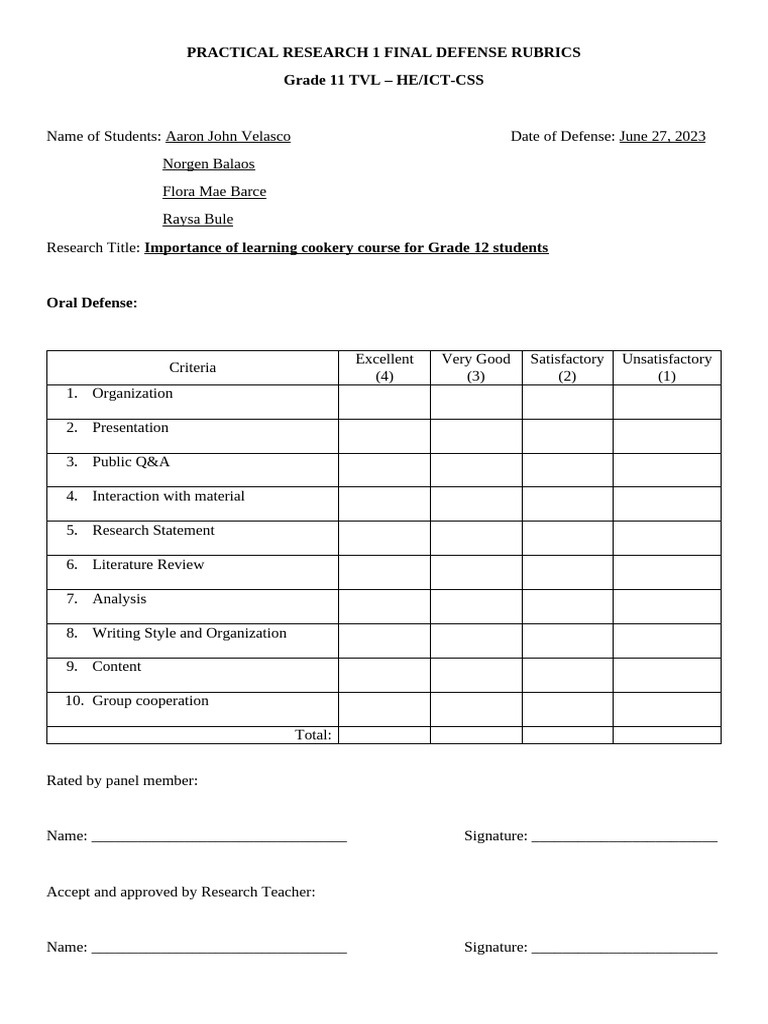 Grade 11 Research Defense Rubrics | PDF | Cognition