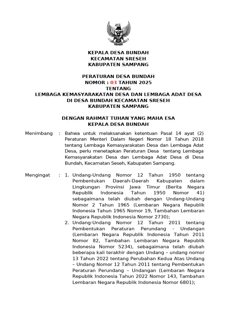 Peraturan Desa Bundah tentang Lembaga Adat | PDF