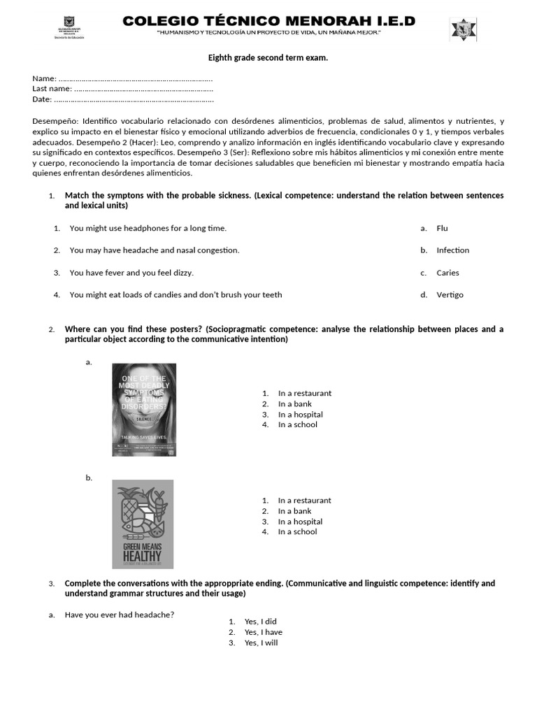 Eighth Grade Exam Second Term in Letter Size | PDF | Foods | Healthy Diet