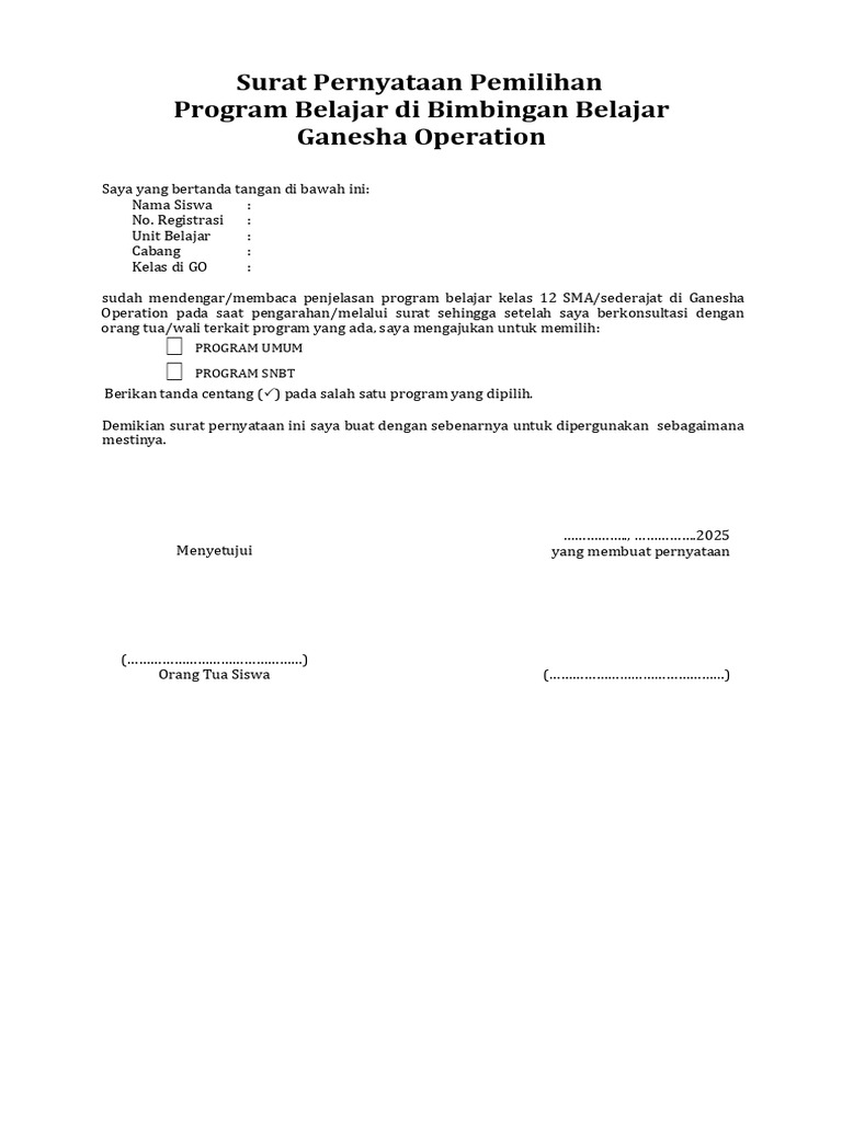Surat Pernyataan Pilihan Program GO | PDF