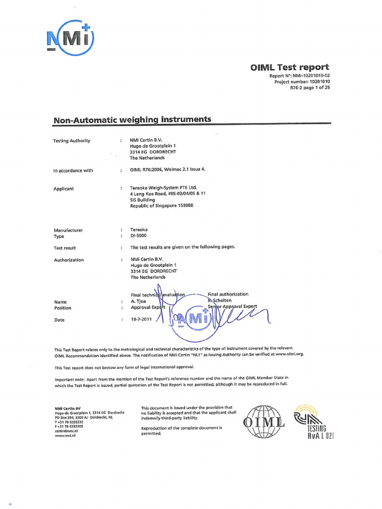 OIML Test Report Nmi-10201010-02 | PDF