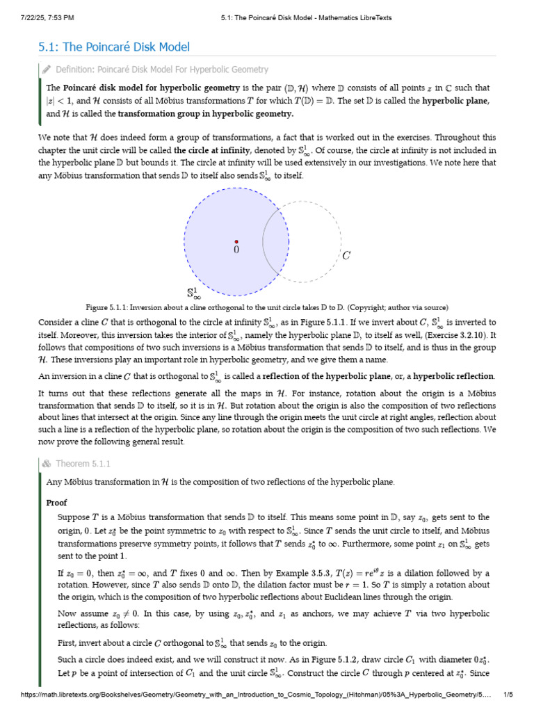 5.1 - The Poincaré Disk Model - Mathematics LibreTexts | PDF | Hyperbolic Geometry | Geometry
