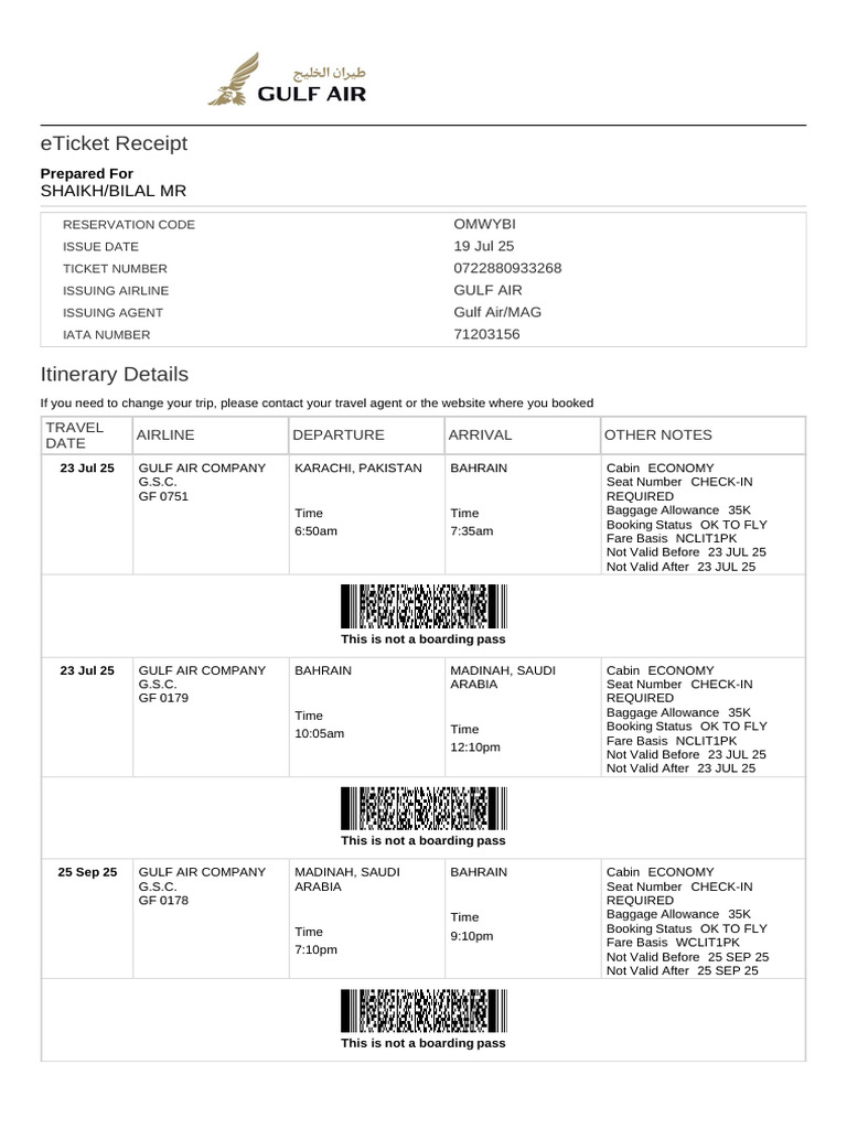 Electronic Ticket Receipt, July 23 For MR BILAL SHAIKH | PDF