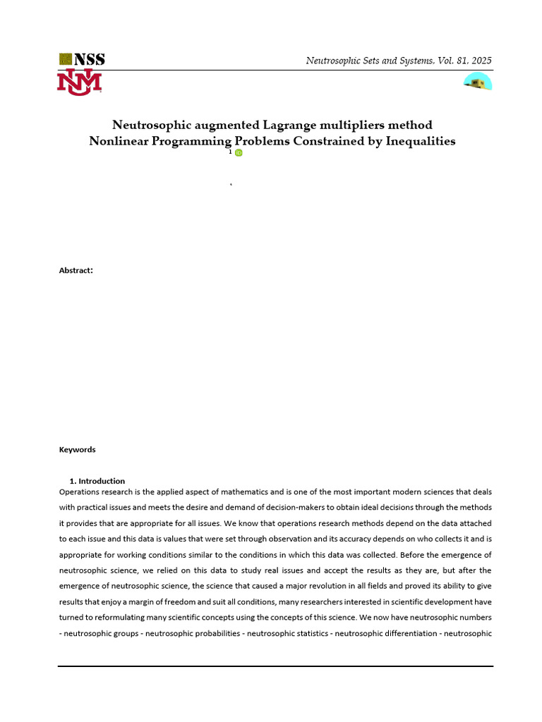 Neutrosophic Augmented Lagrange Multipliers Method Nonlinear Programming Problems Constrained by ...