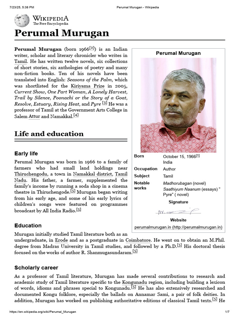 Perumal Murugan - Wikipedia | PDF