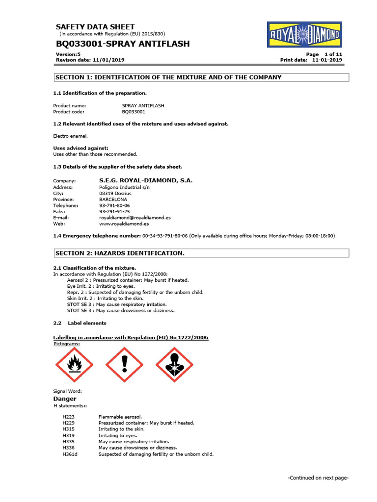 Safety Data Sheet: Spray Antiflash | PDF | Occupational Safety And ...