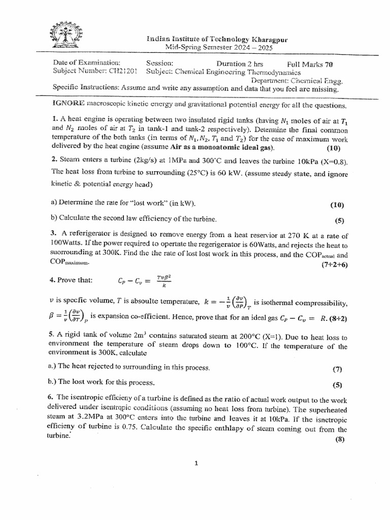 CH21201 Chemical Engg Thermodynamics 2025 | PDF