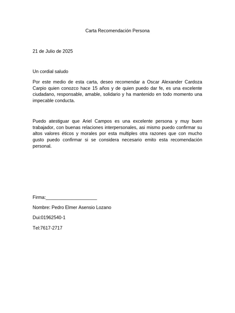 Carta de Recomendación para Oscar Cardoza | PDF