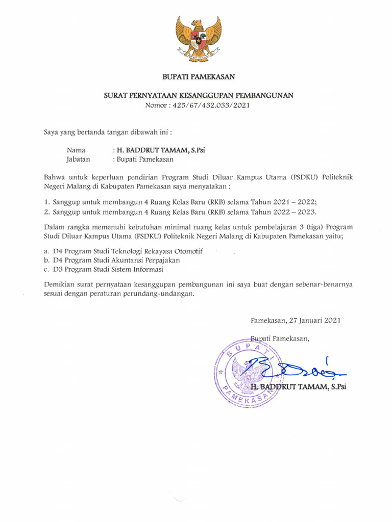 Surat Pernyataan Kesanggupan Pembangunan PSDKU Polinema | PDF