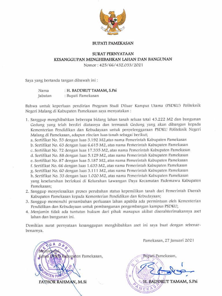 Surat Pernyataan Kesanggupan Menghibahkan Lahan Dan Bangunan PSDKU ...