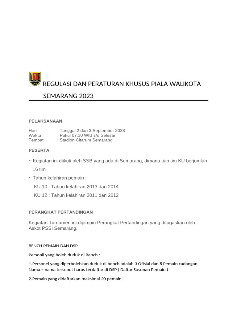 Regulasi Dan PKP Piala Walikota 2023 (TM) | PDF