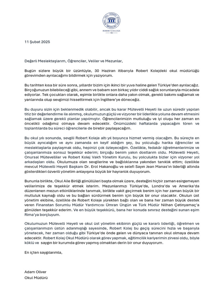 Adam Oliver'in Mektubu - Letter From Adam Oliver | PDF