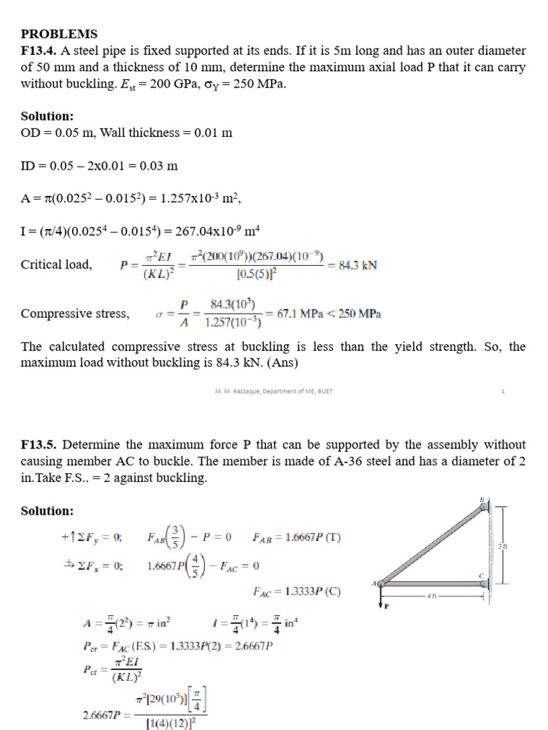 Buckling of Columns-Problems | PDF