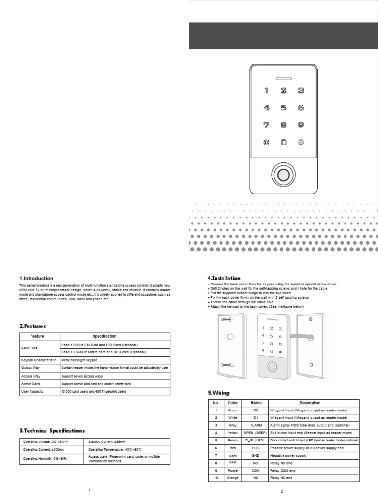 K eypad Fingerprint Access Control Manual | PDF | Access Control ...