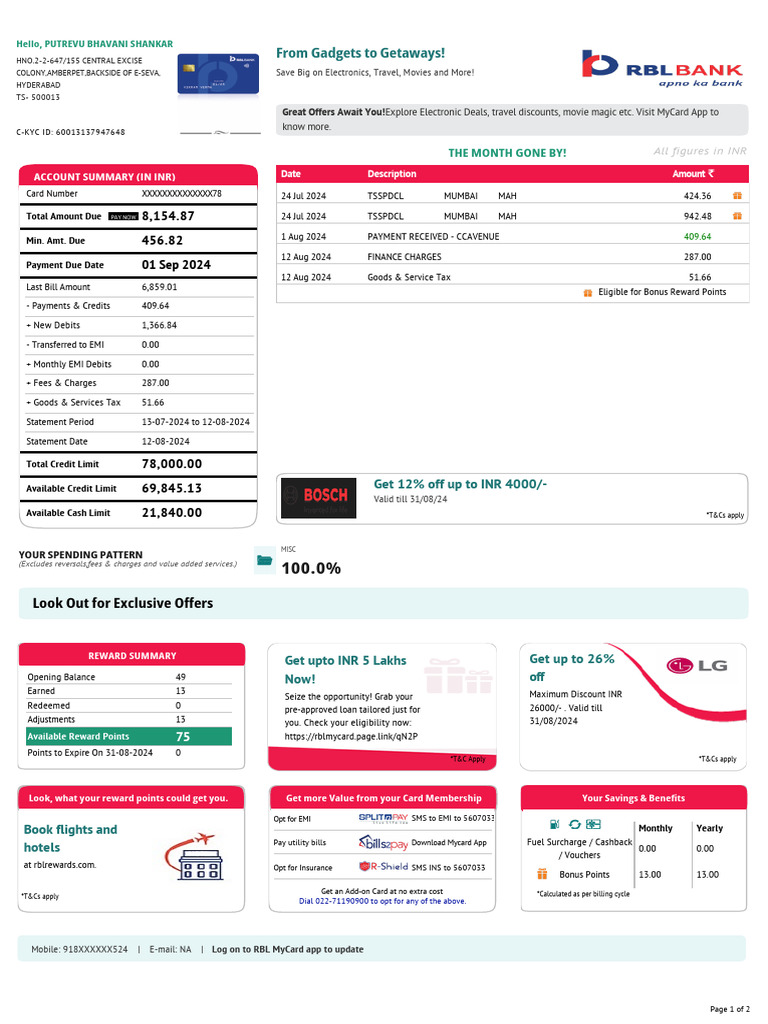 RBL Bajaj Finserv Card Account Summary | PDF | Credit Card | Payments